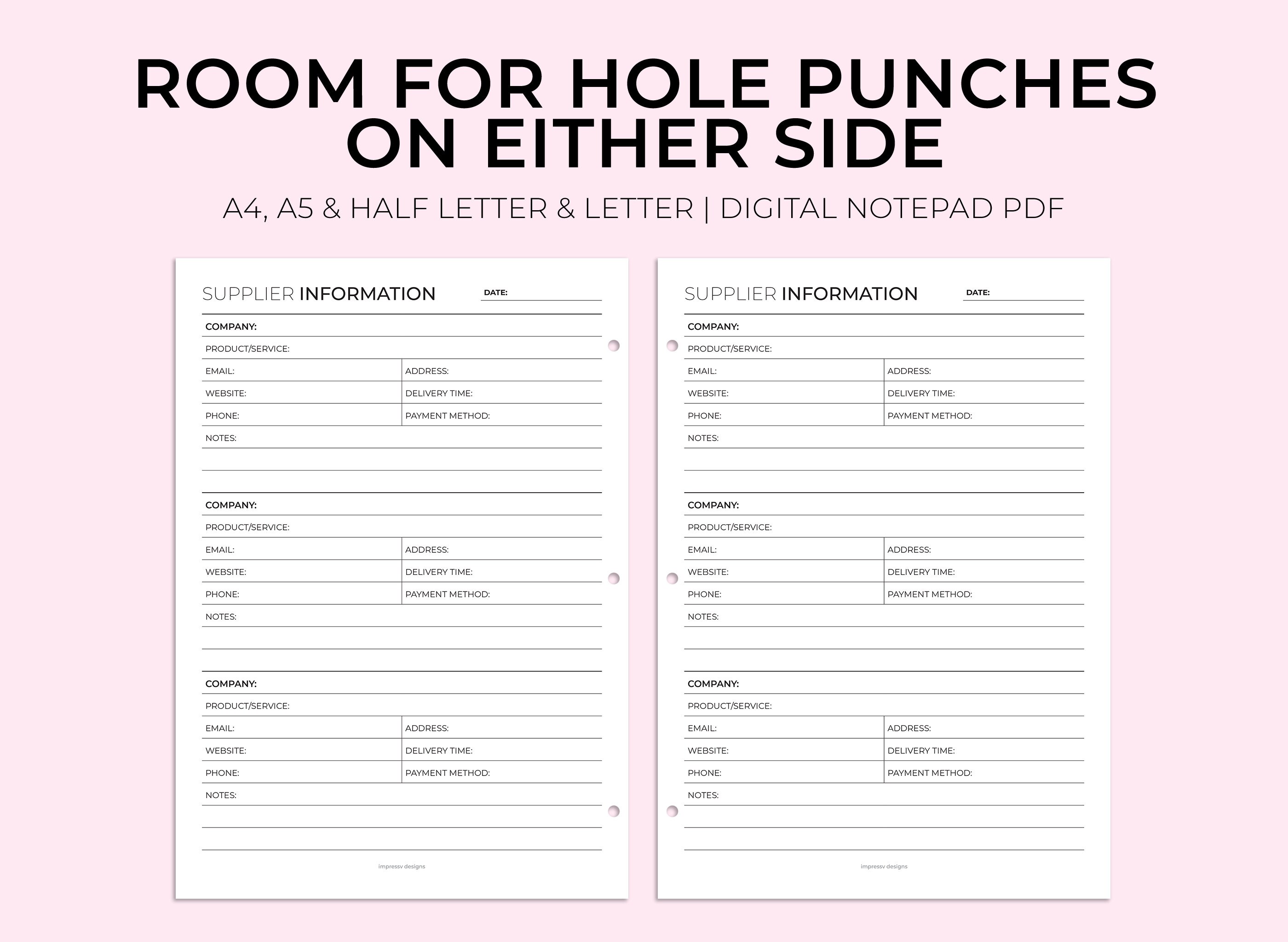 Supplier List Printable, Supplier Information Log, Supplies Vendor ...