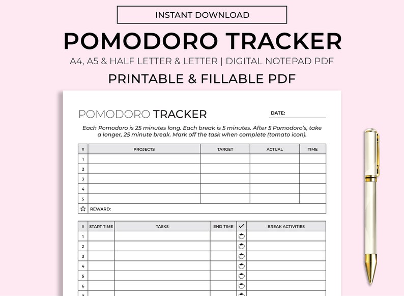 Editable Pomodoro Planner, Pomodoro Timer, Productivity Planner ...