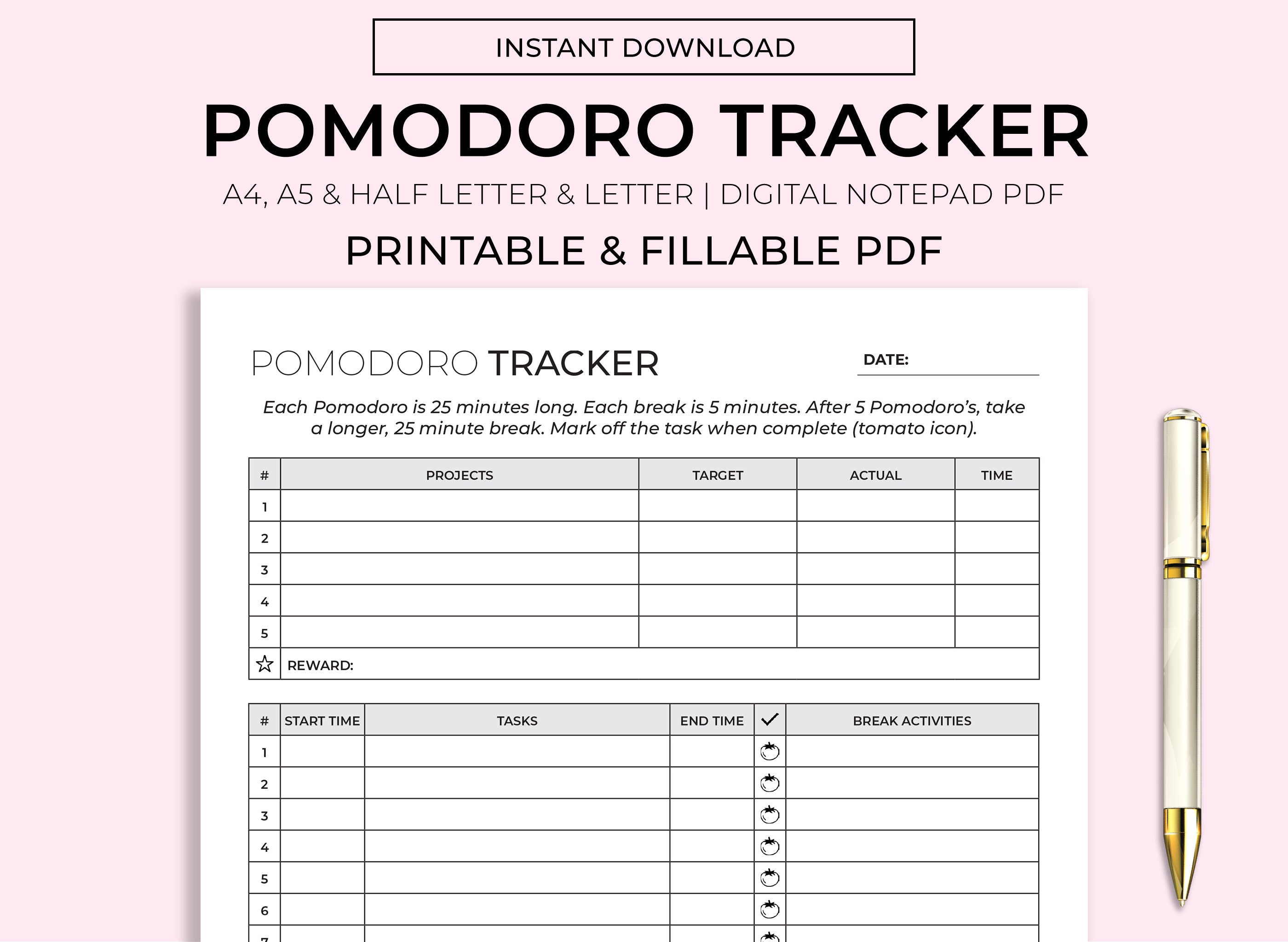 Editable Pomodoro Planner, Pomodoro Timer, Productivity Planner ...