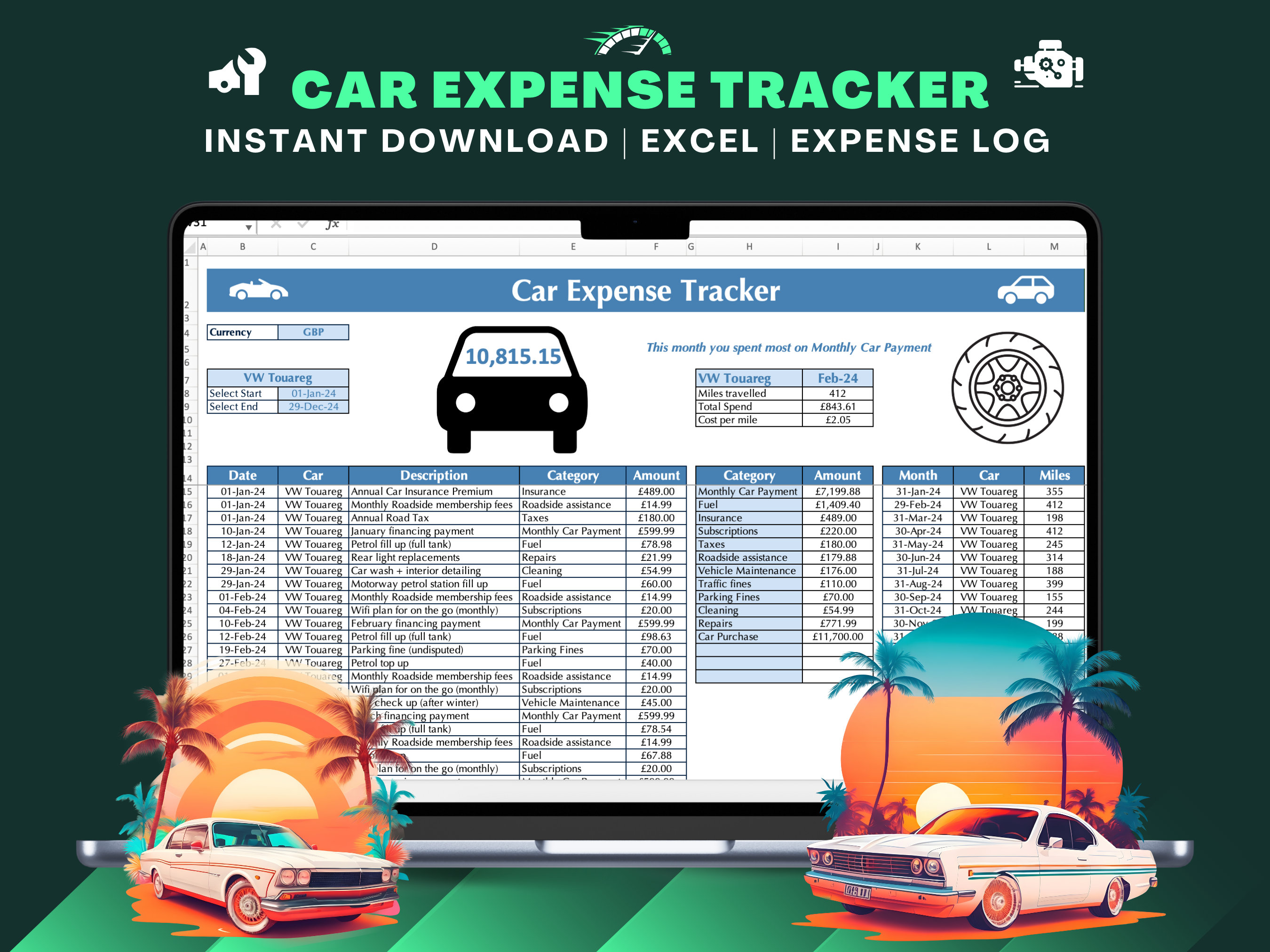 Auto Expense Tracker Car Cost Log Vehicle Finance Budget Tracker ...
