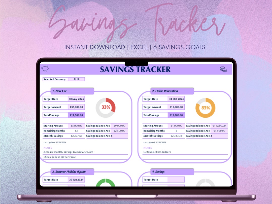 Excel Savings Tracker Plan Savings Goals Budget Progress Bar Financial ...