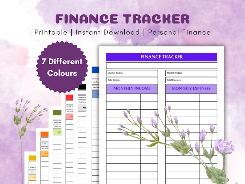Finance Tracker Printable PDF 7 Color Options Budget Planner Financial Organizer Digital Instant ...