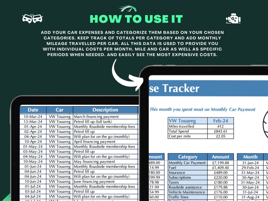 Car Expense Tracker Auto Cost Log Vehicle Finance Budget Tracker ...