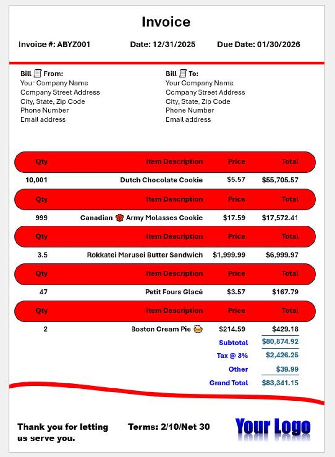 Editable Invoice Template. Professional Business Form (MS Word Paper ...