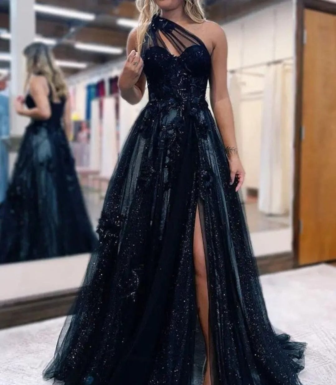 Black Sparkly Dress With 3D Flowers and Sequins, Prom Dress With Train ...