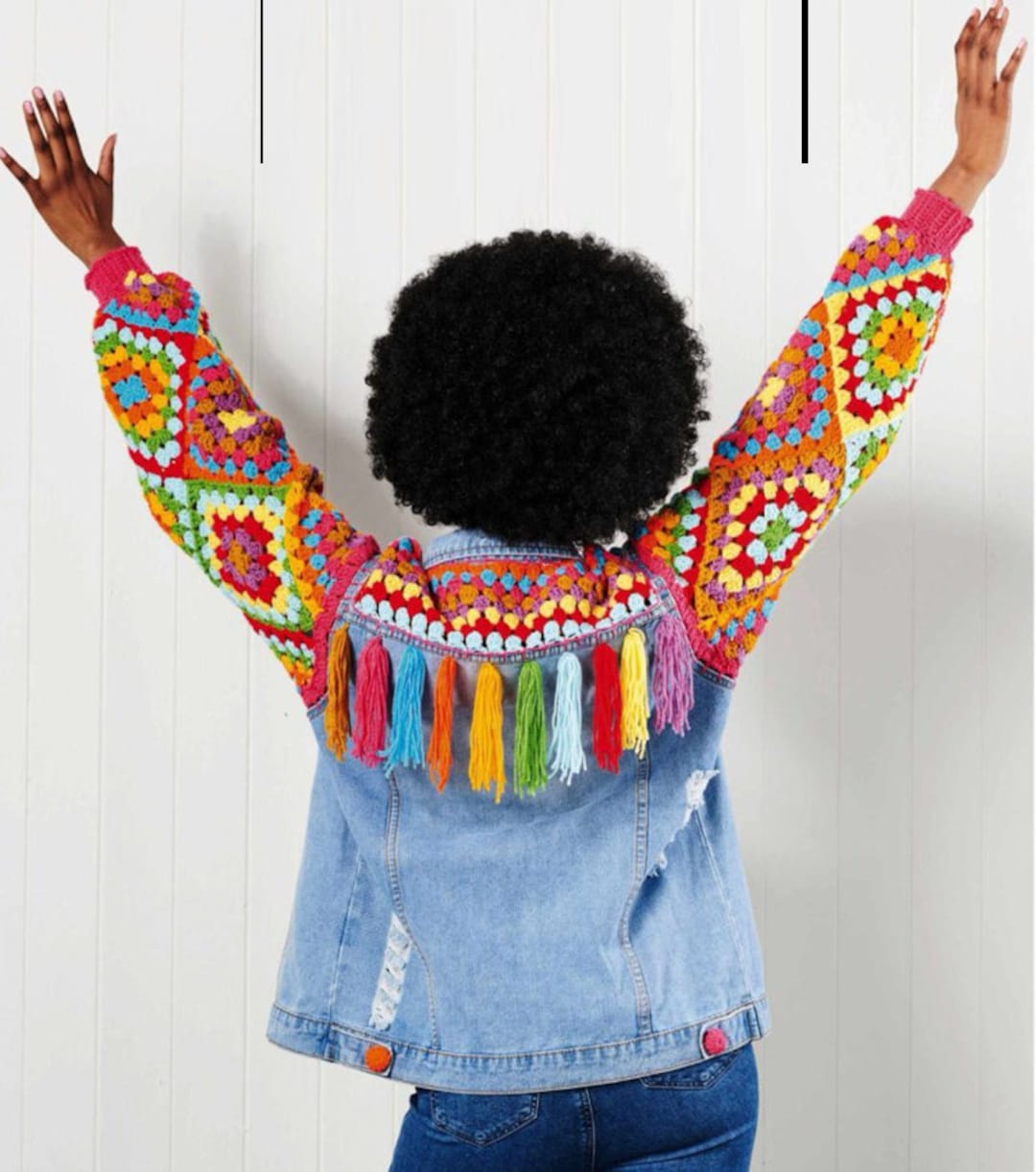 Crochet Denim Jacket Pattern-granny Square Sleeves, Yoke, Tassels ...