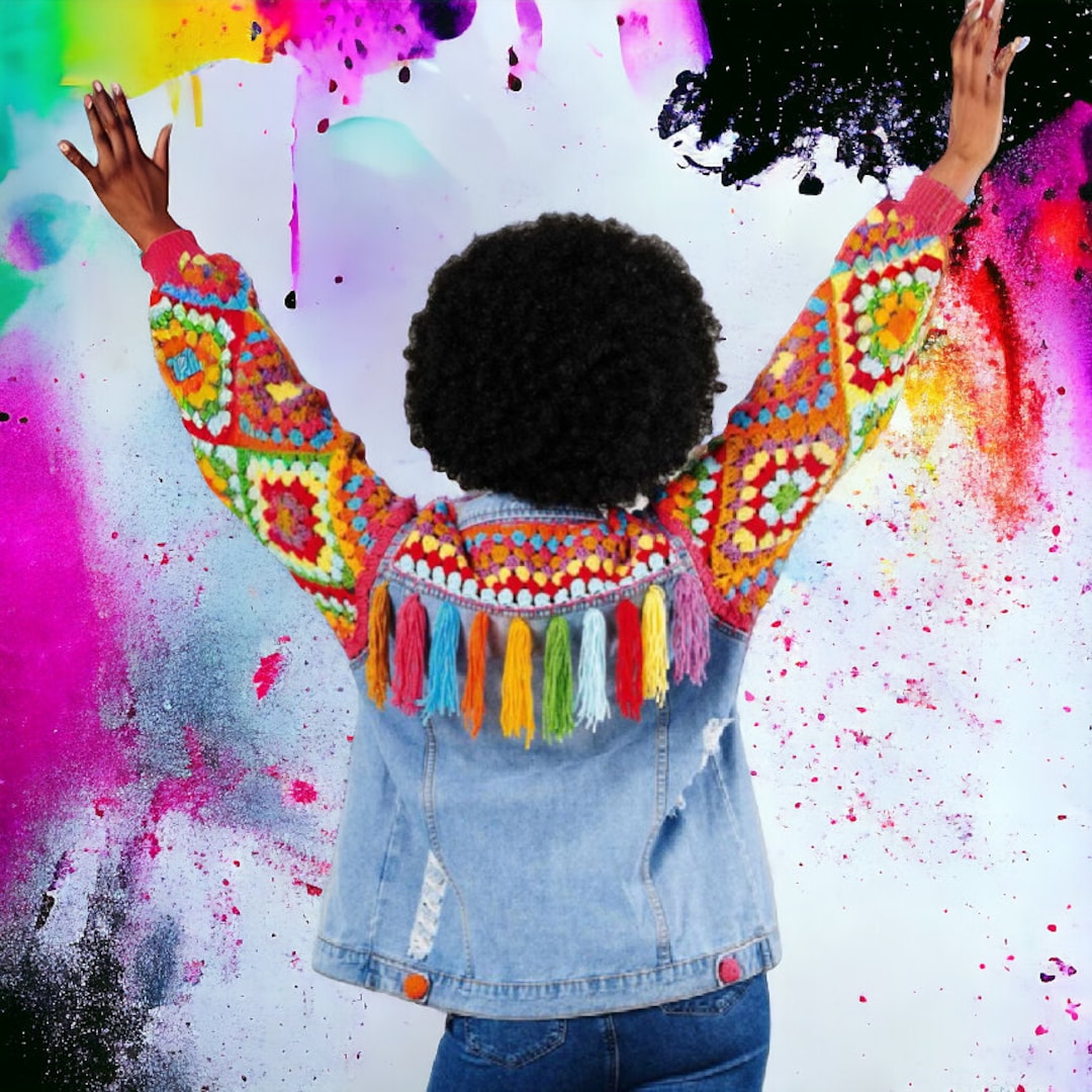 Crochet Denim Jacket Pattern-granny Square Sleeves, Yoke, Tassels ...