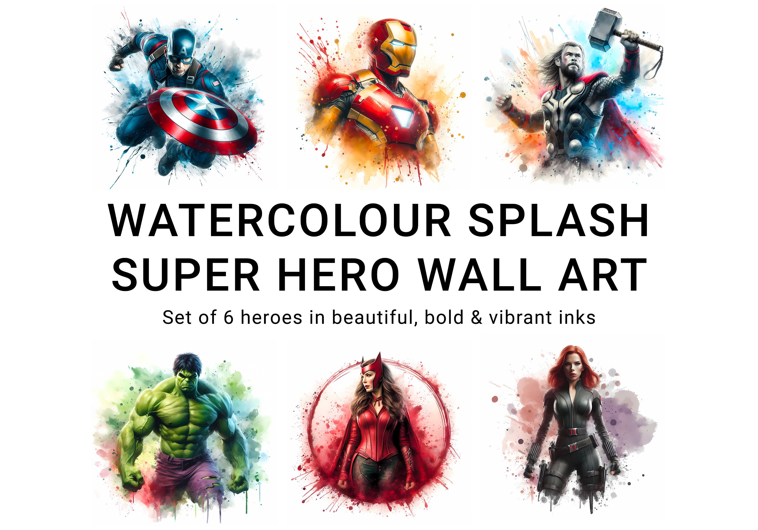Super Hero Watercolor Splash Art Wall Art Home Prints Iron Man Cap ...
