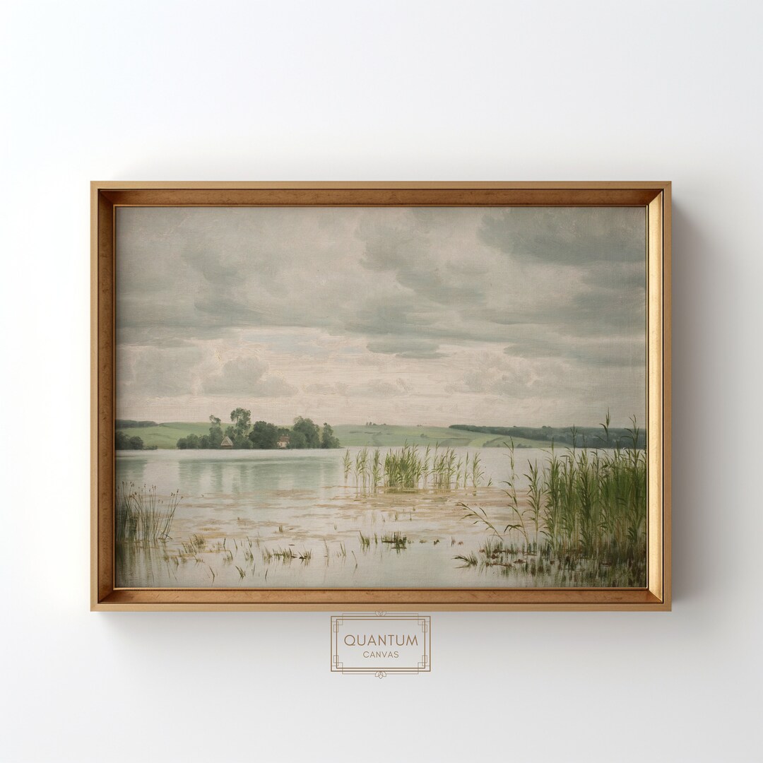 Printable Watercolour Lake Painting Muted Green Landscape Wall Art ...