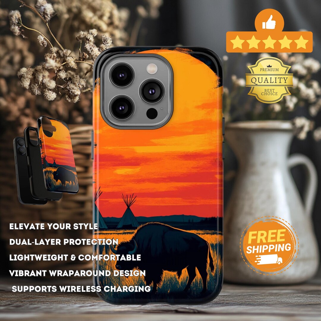 Buffalo Sunset Phone Case for iPhone 16 15 14 Pro Max - Native American ...