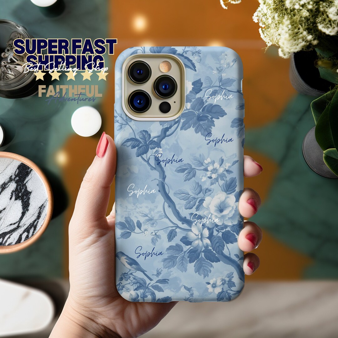Custom Blue Floral Toile Phone Case: Stylish Durable Cover - Etsy