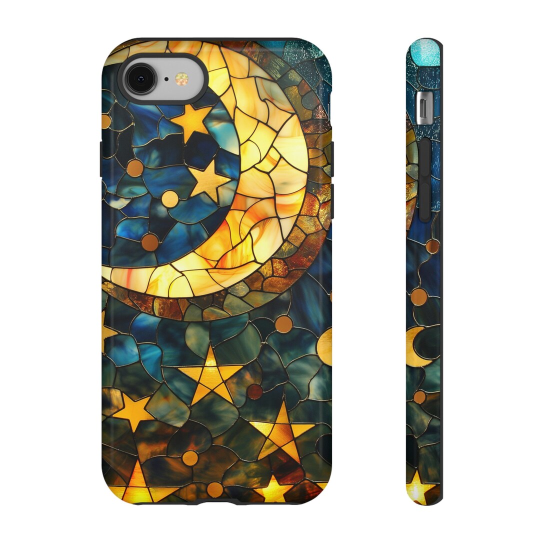 Celestial Stained Glass Moon and Stars Phone Case Faux Stain Glass ...