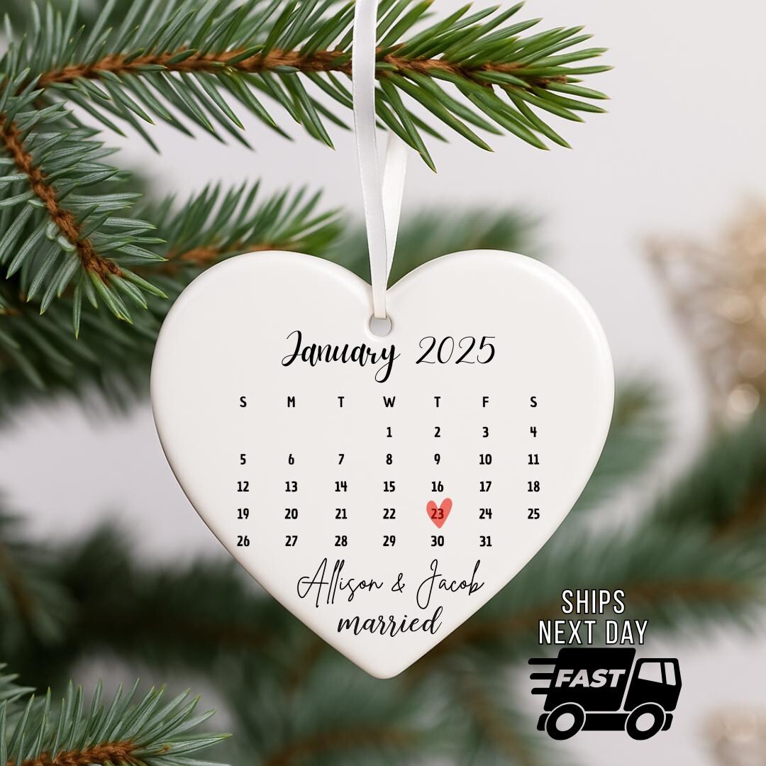 Personalized Wedding Date Heart Ornament, First Christmas Married ...