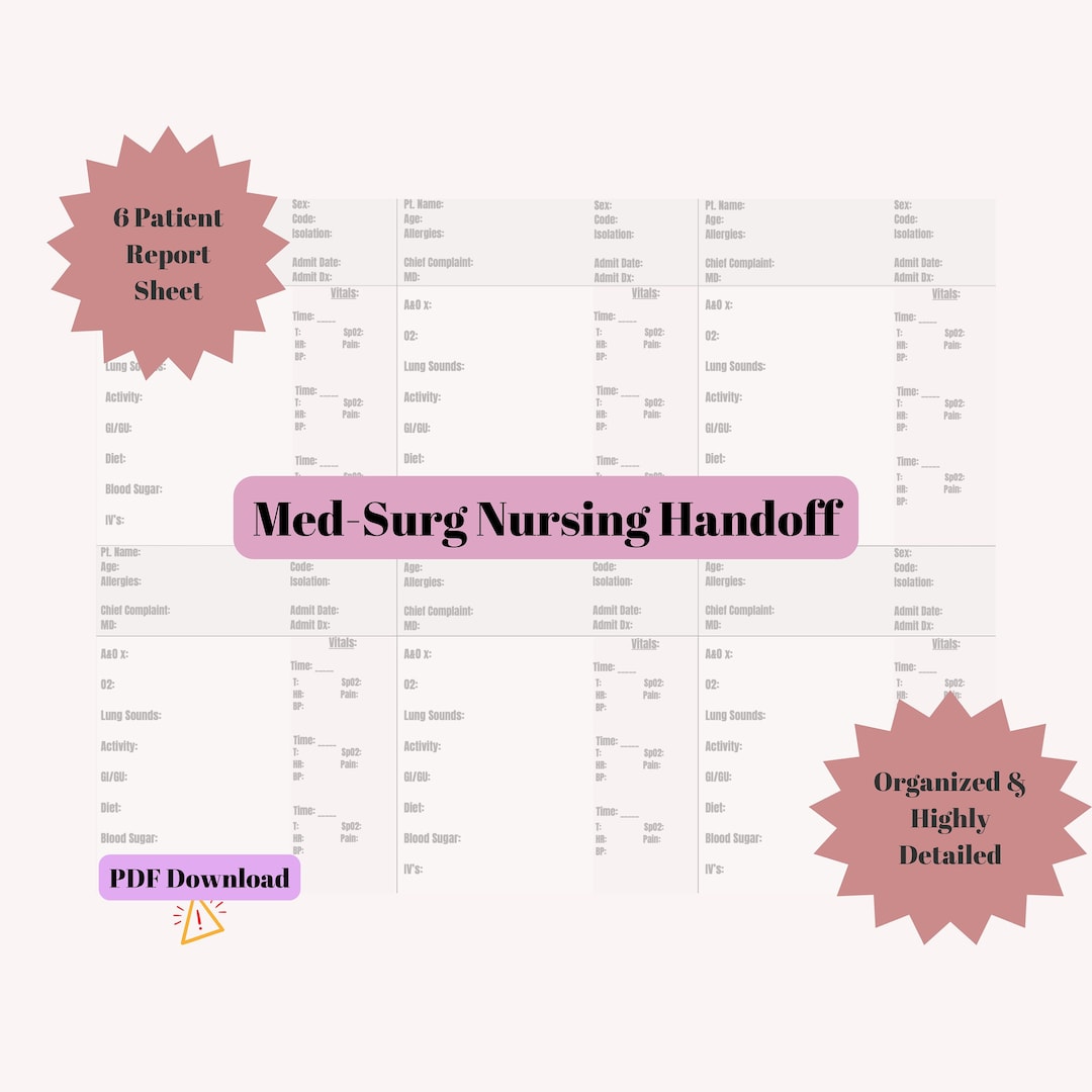 Med-surg Nurse Handoff Nursing Report Sheet 6 Patient Report Sheet - Etsy