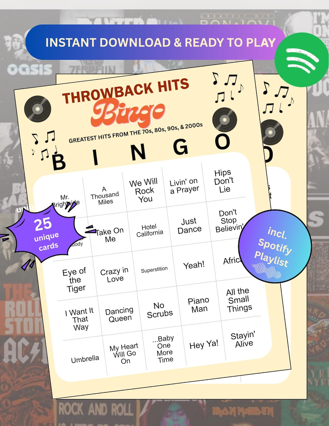 Throwback Music Bingo 70s 80s 90s 2000s – Instant Download Party Game ...