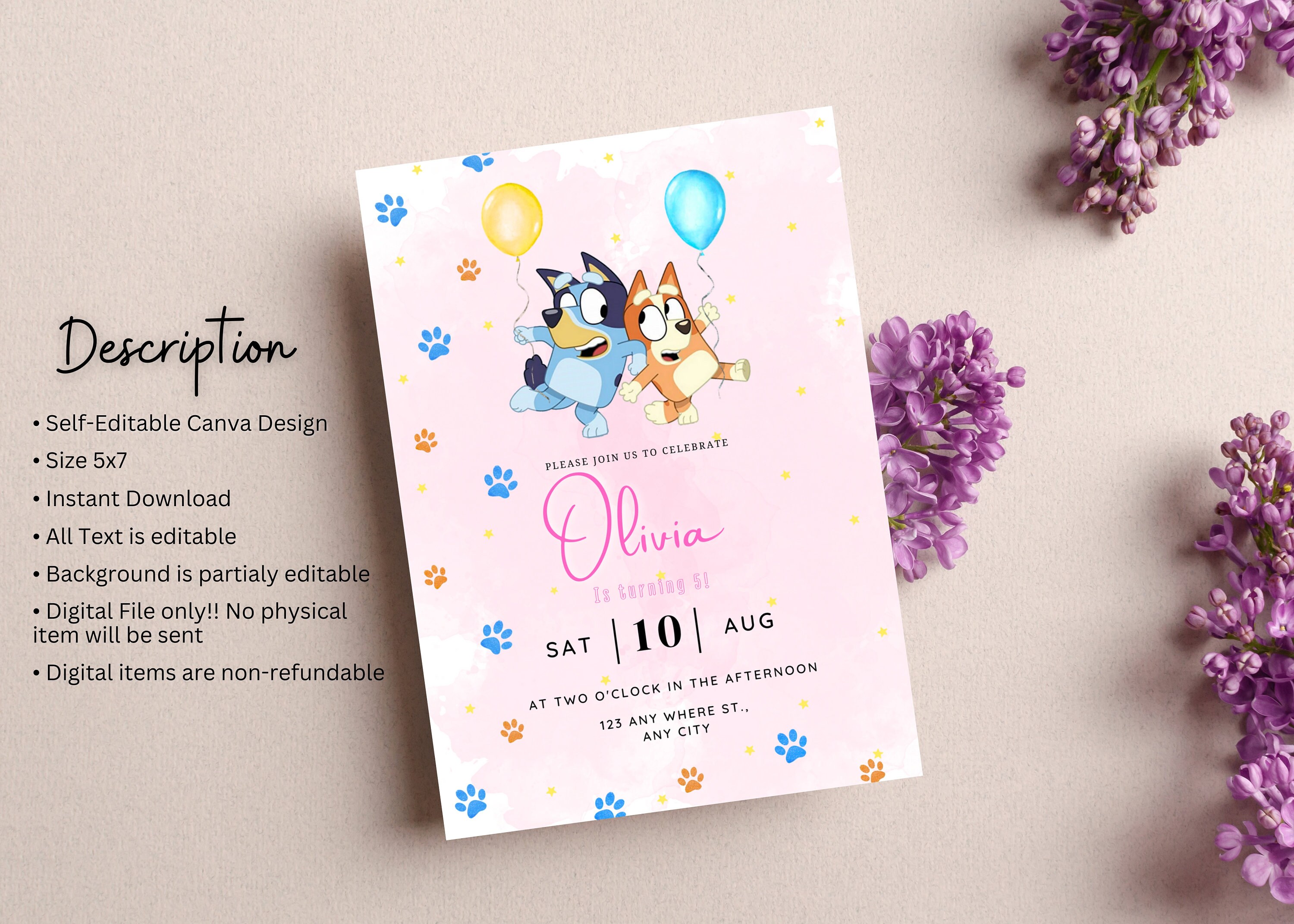 Bluey Pink Birthday Invitation Invite Template Bluey and Bingo Birthday ...