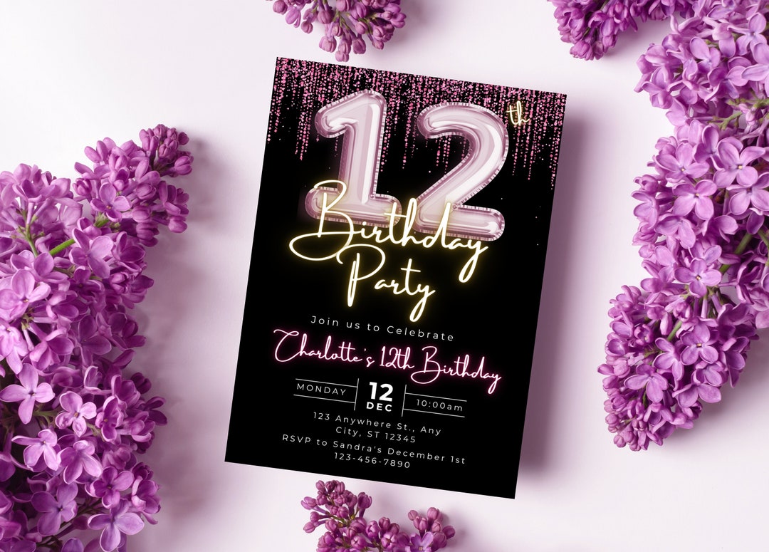 Editable 12th Birthday Invitation Template, Printable Pink Balloon ...