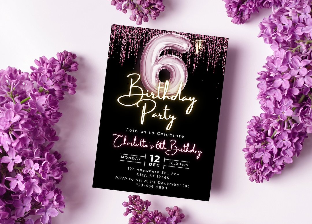 Editable 6th Birthday Invitation Template, Printable Pink Balloon Sixth ...