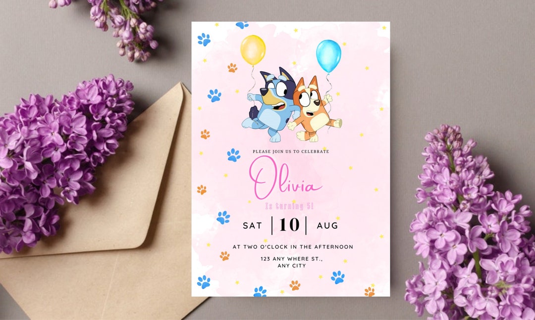Bluey Pink Birthday Invitation Invite Template Bluey and Bingo Birthday ...