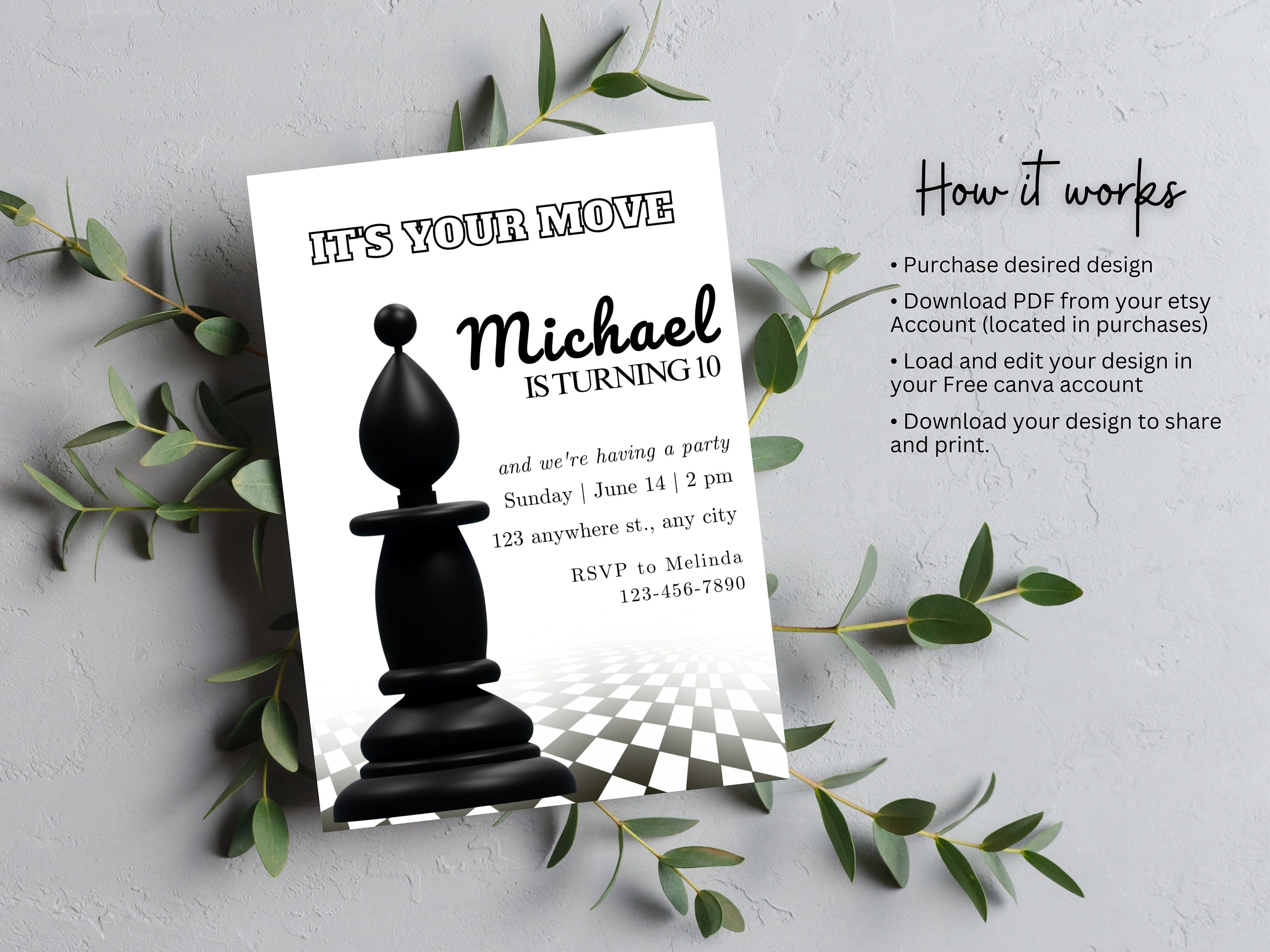 Chess Birthday Invitation, Game Night Invite, Black and White Birthday ...