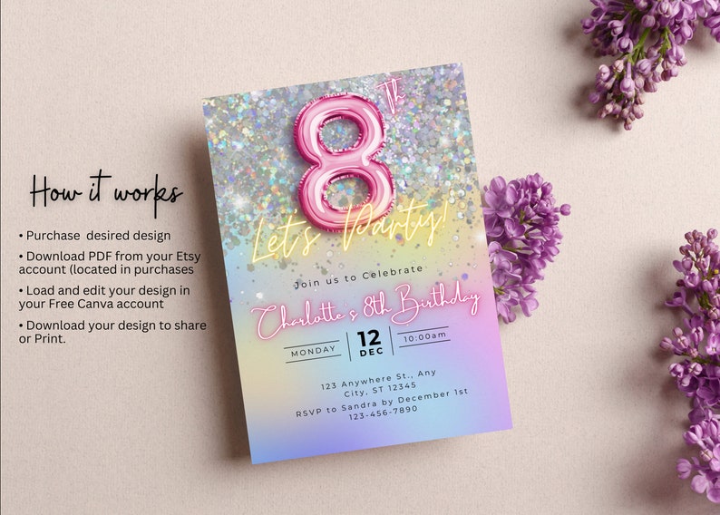 Editable Glitter 8th Birthday Invitation Template, Printable Pink ...
