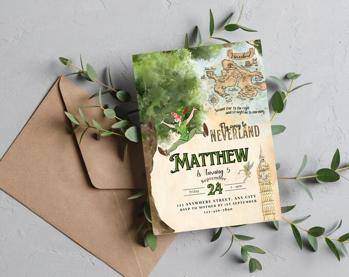 Digital Delivery, Peter Pan Invitation, Tinkerbell Party, Captain Hook ...