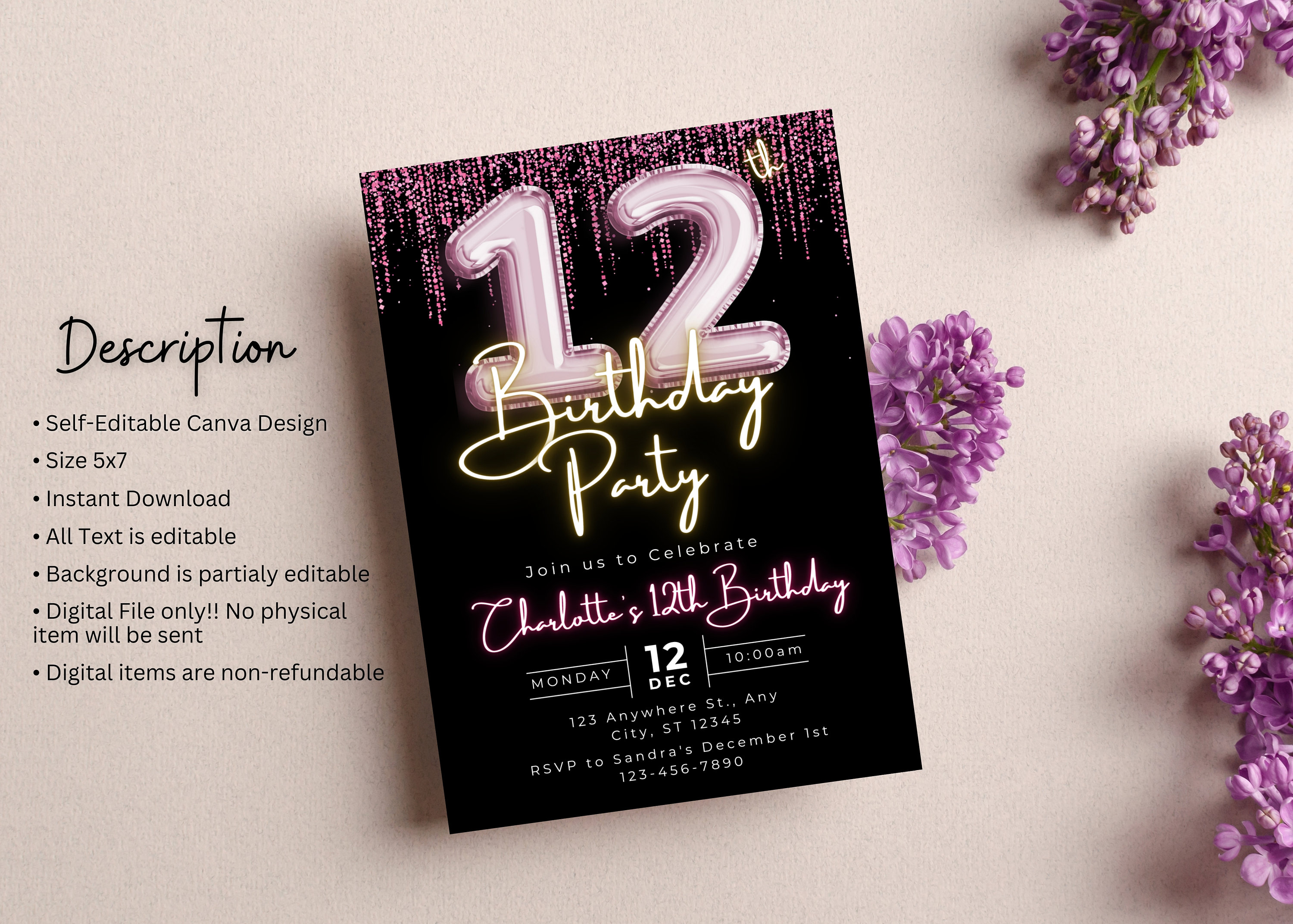 Editable 12th Birthday Invitation Template, Printable Pink Balloon ...