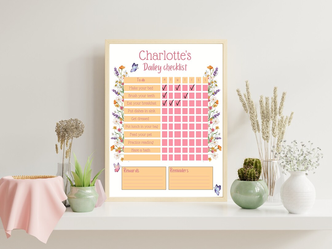 Kids Floral Daily Routine Checklist Schedule Printable, Editable Chore ...