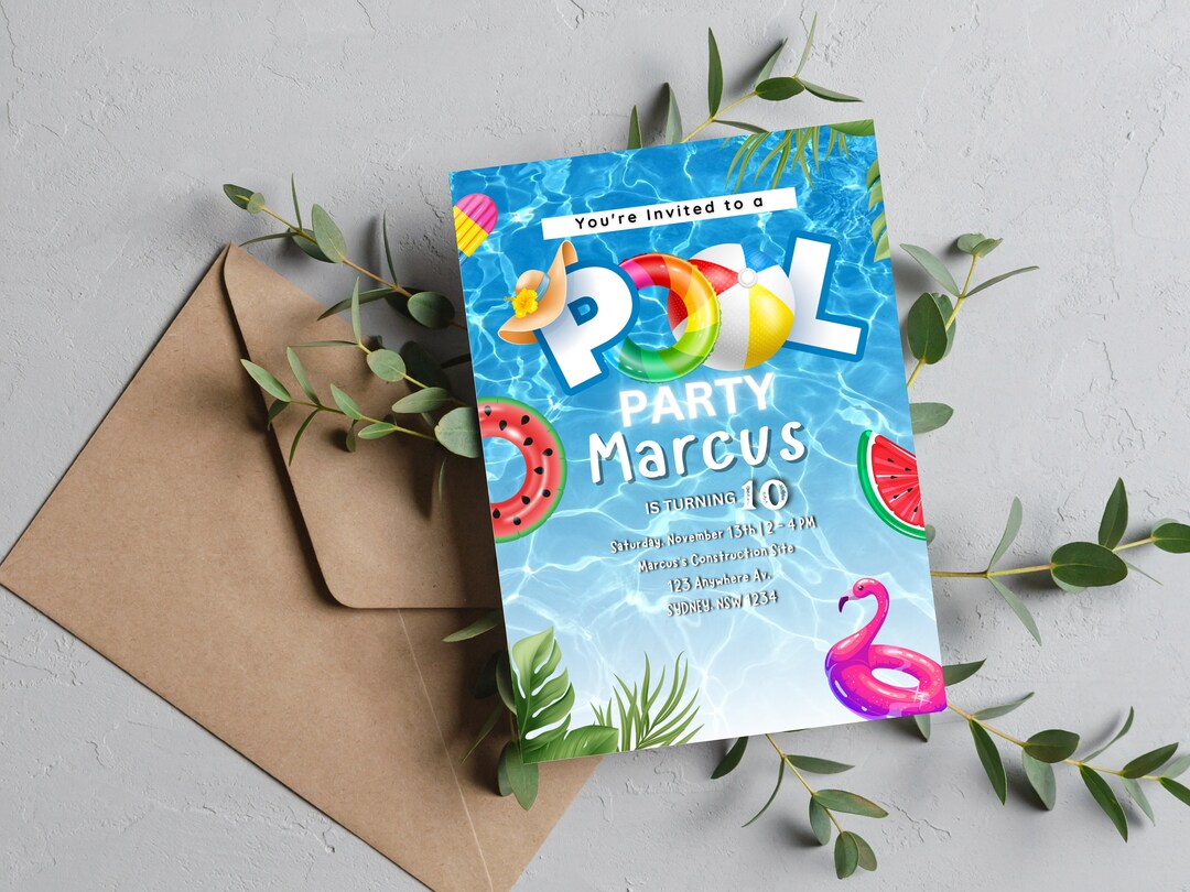 Pool Party Birthday Invitation Download for Print or Text 5x7, Editable ...