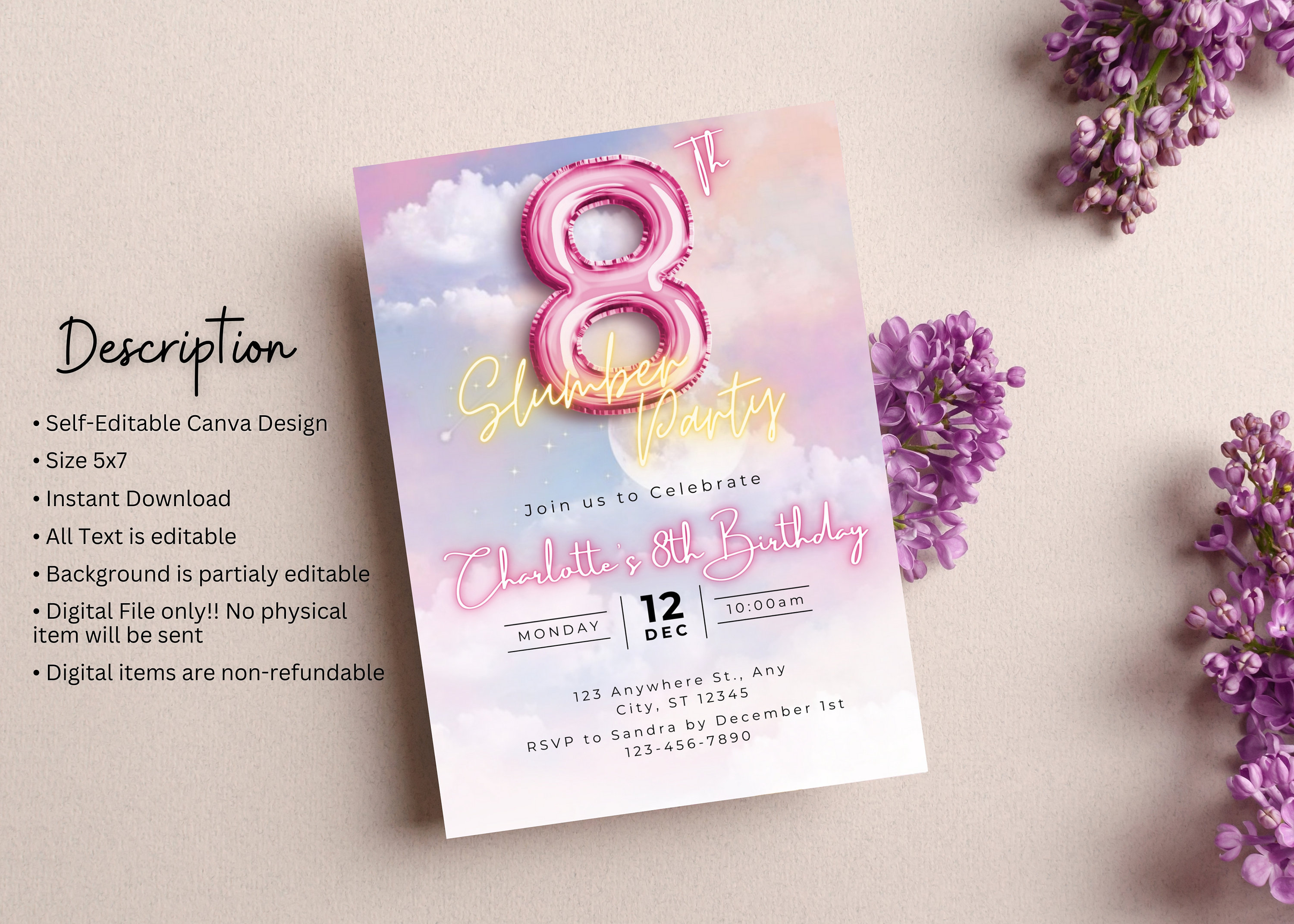 Slumber Party 8th Birthday Invitation Template, Printable Pink Balloon ...