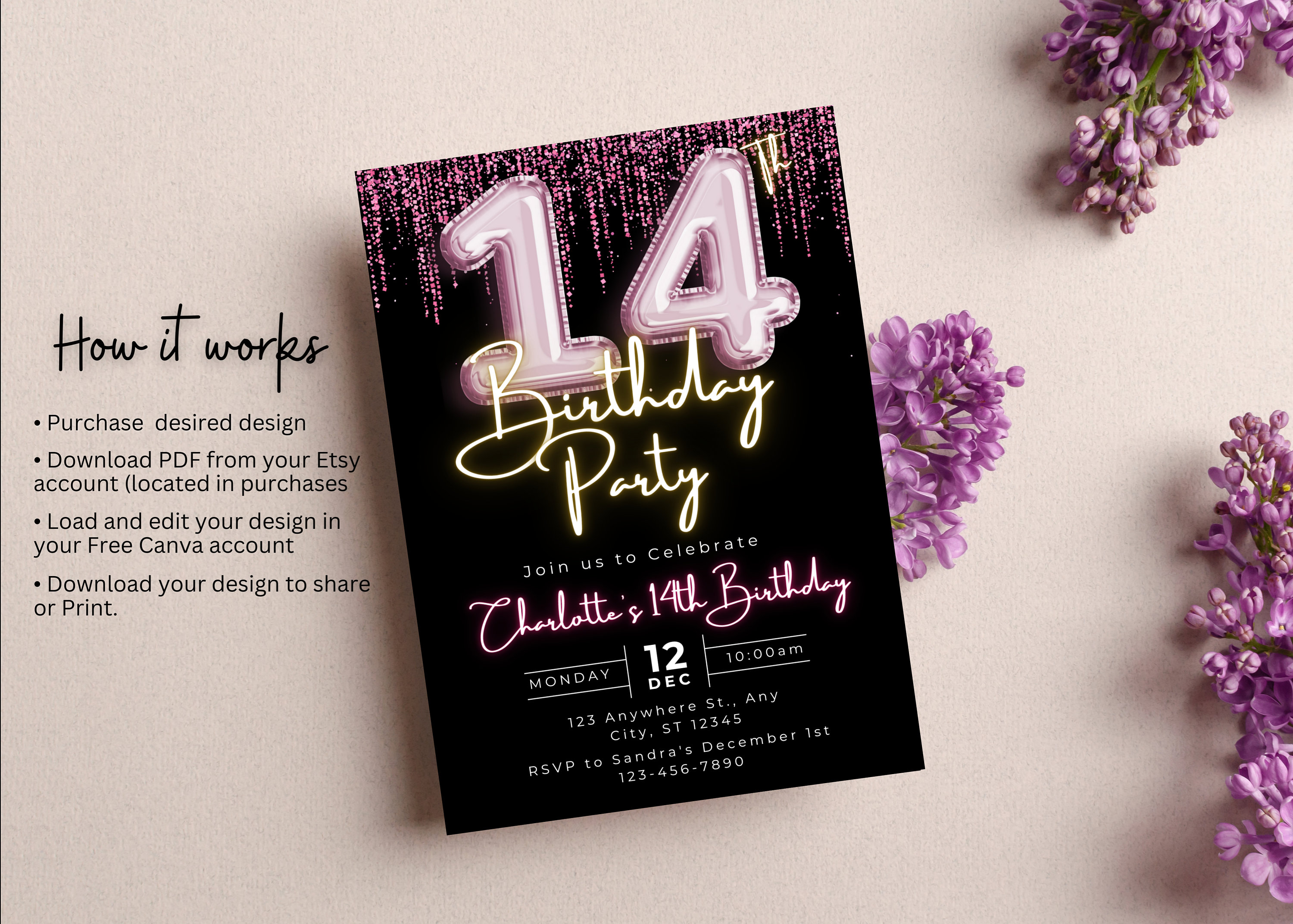 Editable 14th Birthday Invitation Template, Printable Pink Balloon ...
