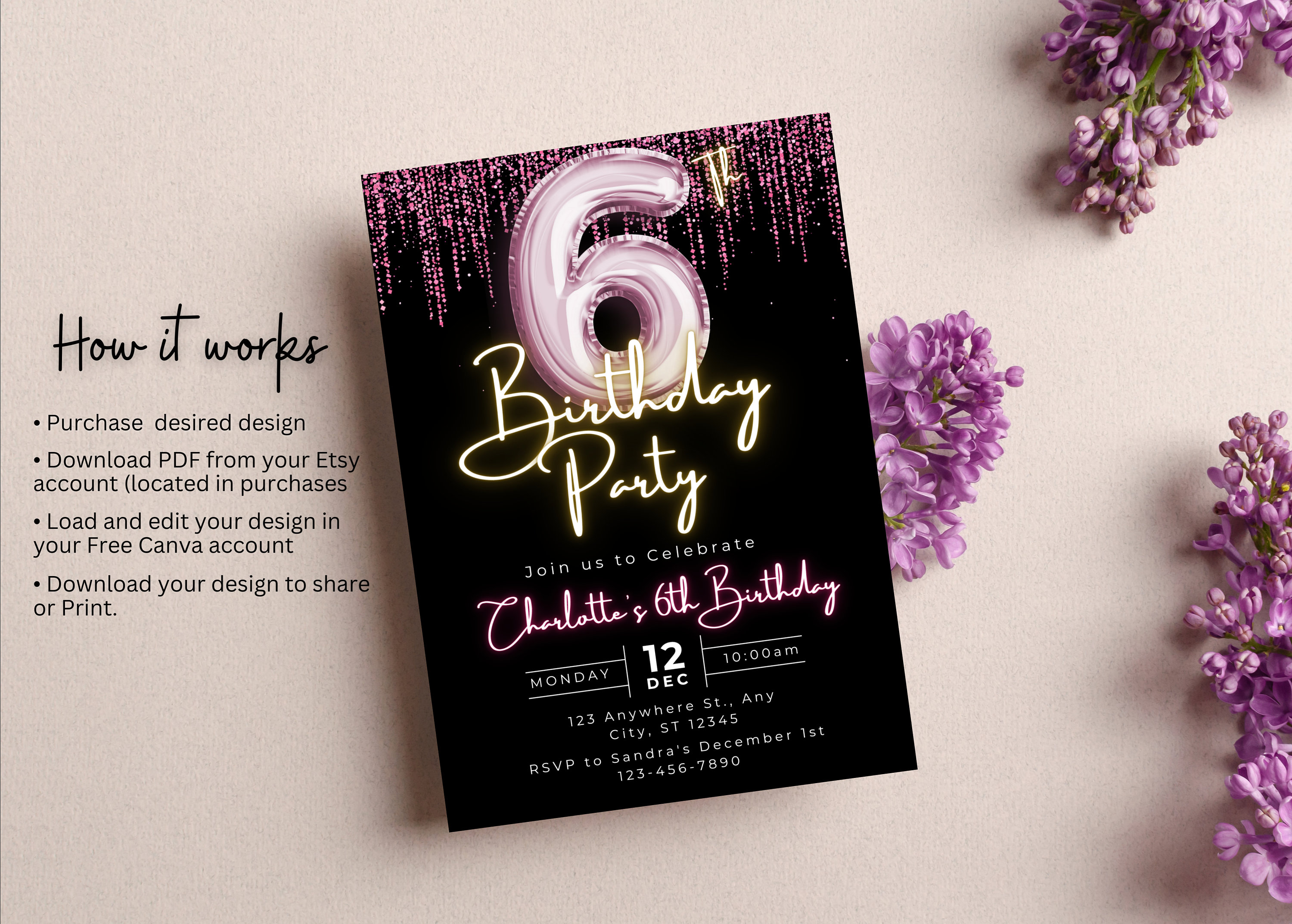 Editable 6th Birthday Invitation Template, Printable Pink Balloon Sixth ...