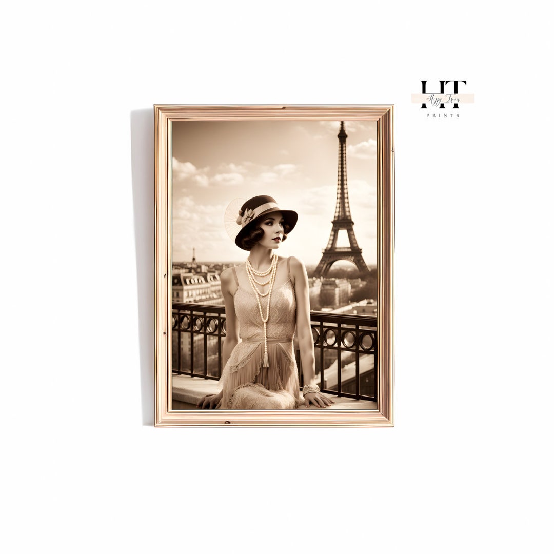 Vintage Parisian Flapper Art Print 1920s Fashion, Eiffel Tower, Sepia ...