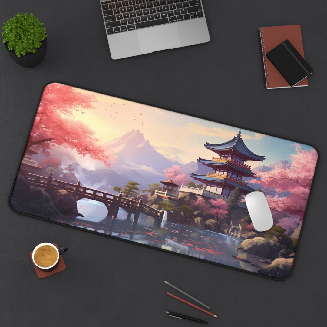 Large Desk Mat With Japanese Pagoda Landscape, Sakura Blossoms ...