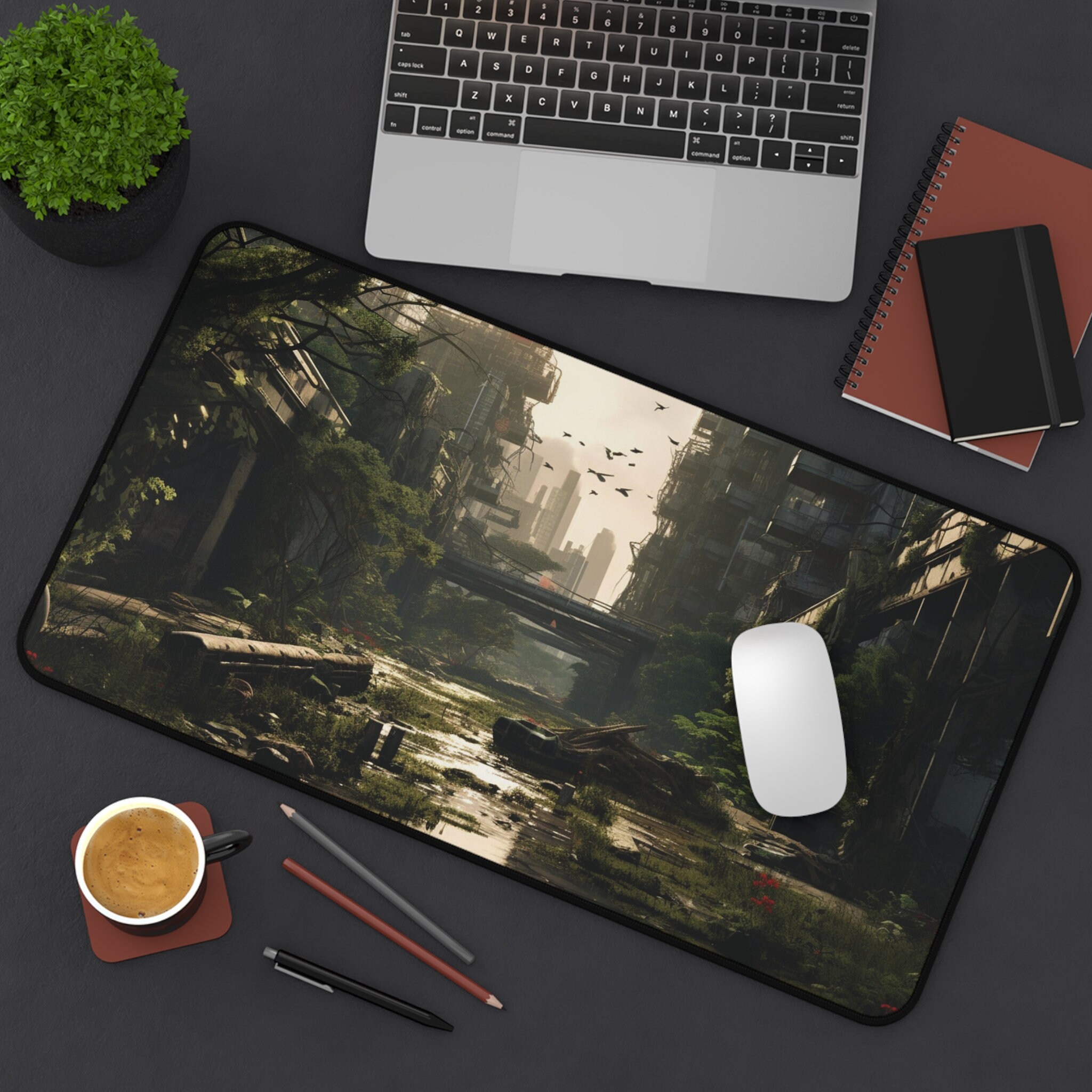 Large Gaming Desk Mat, Nature Inspired City Ruins, Abandoned Urban ...