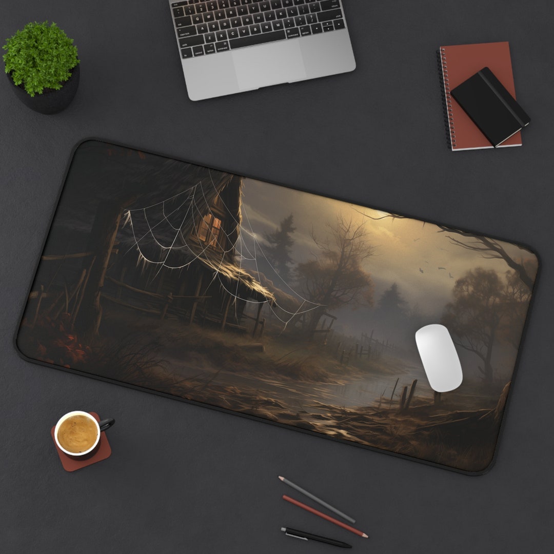 Cottagecore Desk Mat, Rustic Cabin Scene, Autumn Forest, Large Gaming ...