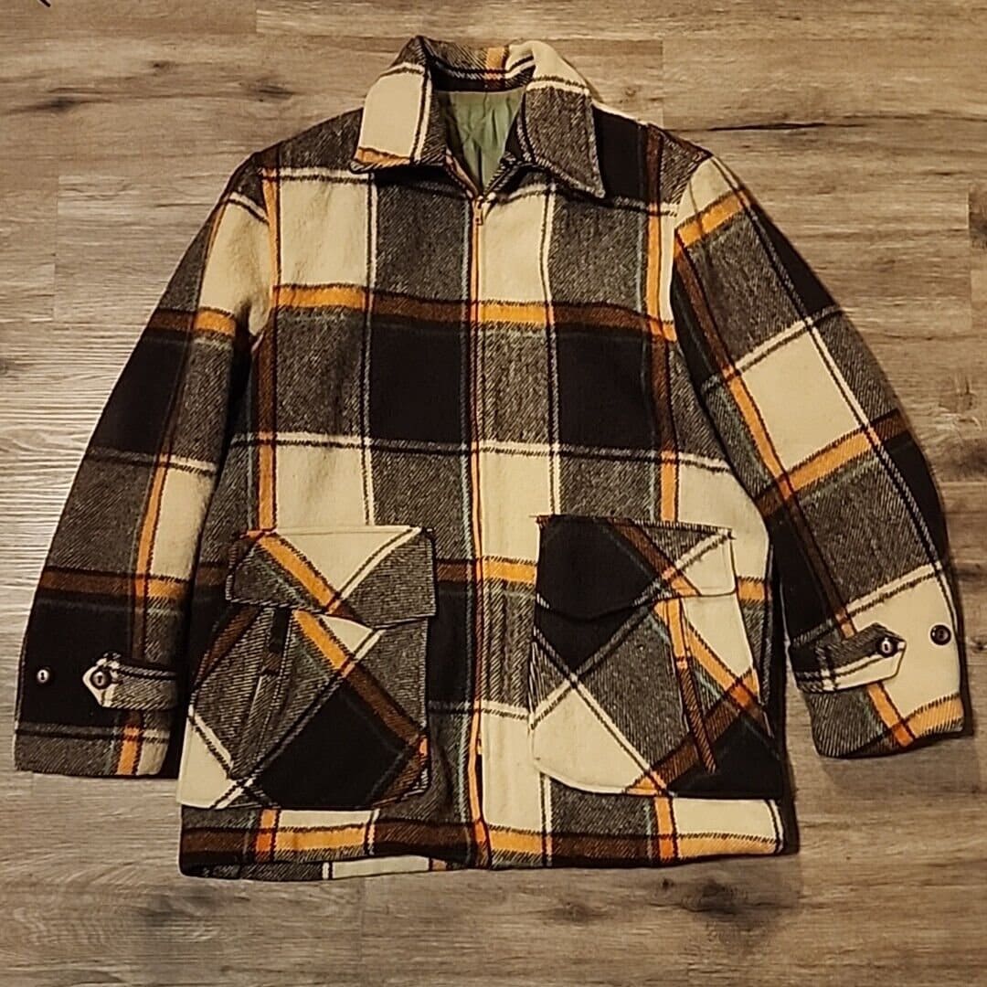 Vintage 70s Woolrich Plaid Check Barn Jacket L Chore Coat Beige Brown ...