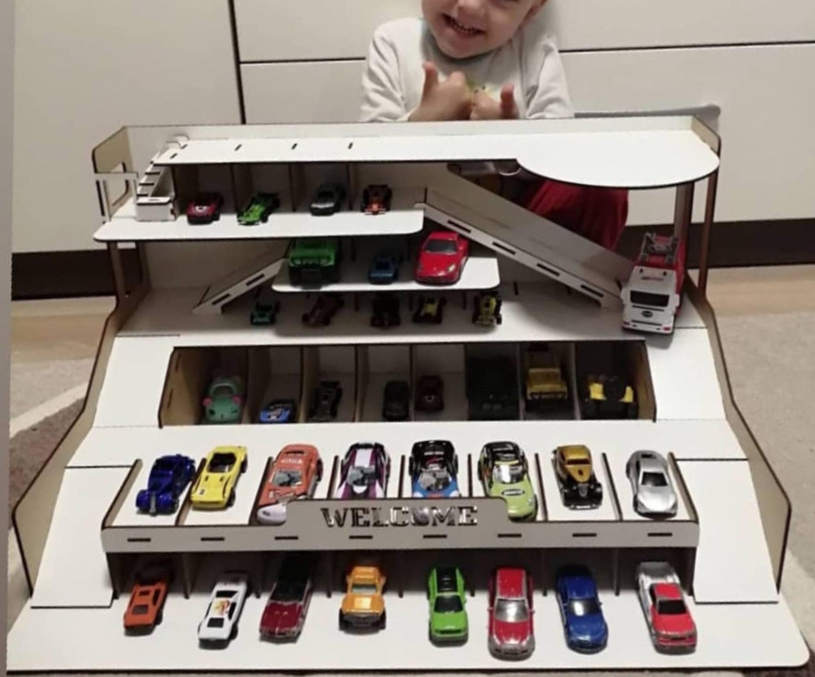 Wooden Toy Car Garage – Multi-level Parking With Ramp & Helipad ...
