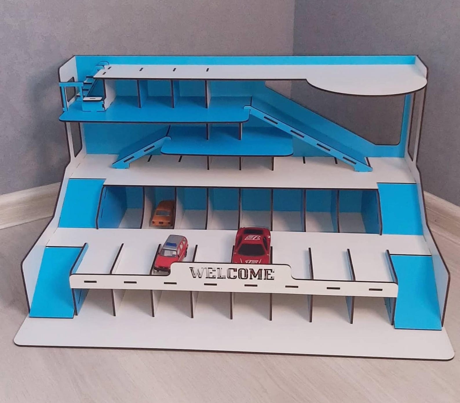 Wooden Toy Car Garage – Multi-level Parking With Ramp & Helipad ...