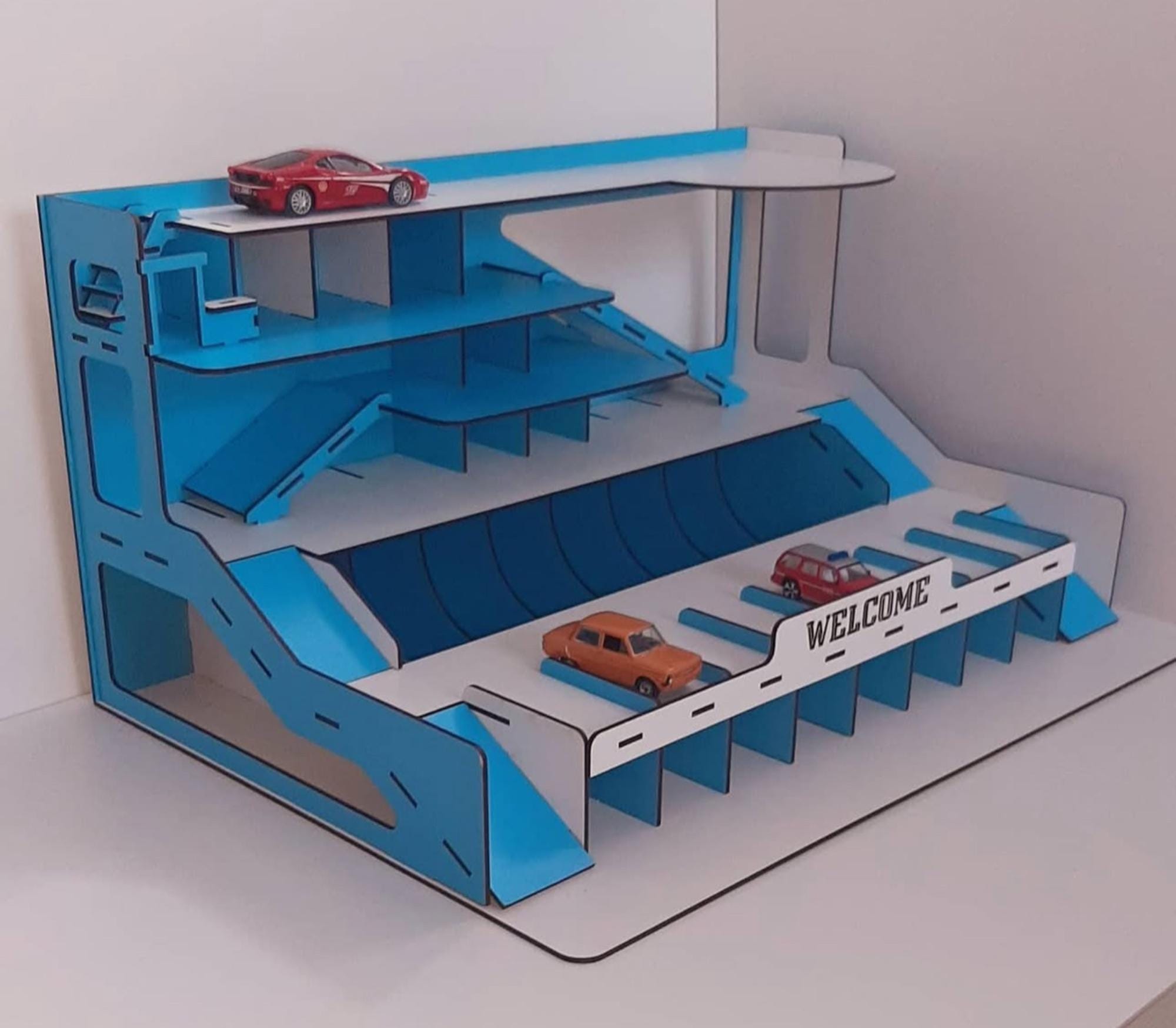 Wooden Toy Car Garage – Multi-level Parking With Ramp & Helipad ...