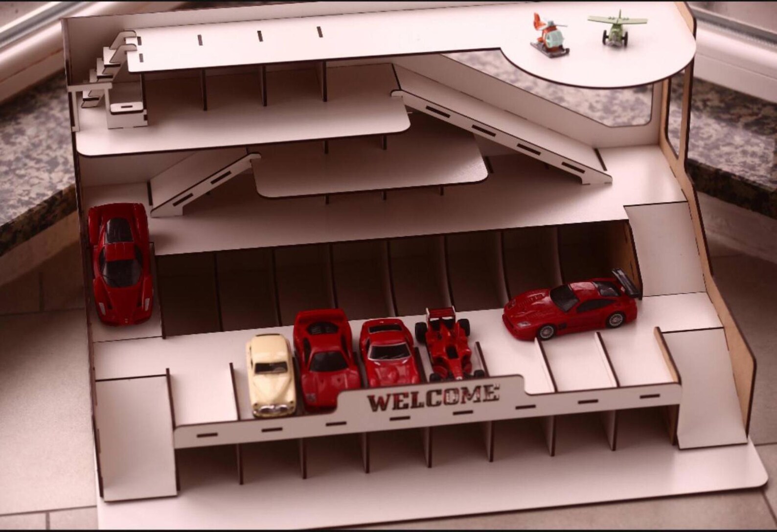 Wooden Toy Car Garage – Multi-level Parking With Ramp & Helipad ...