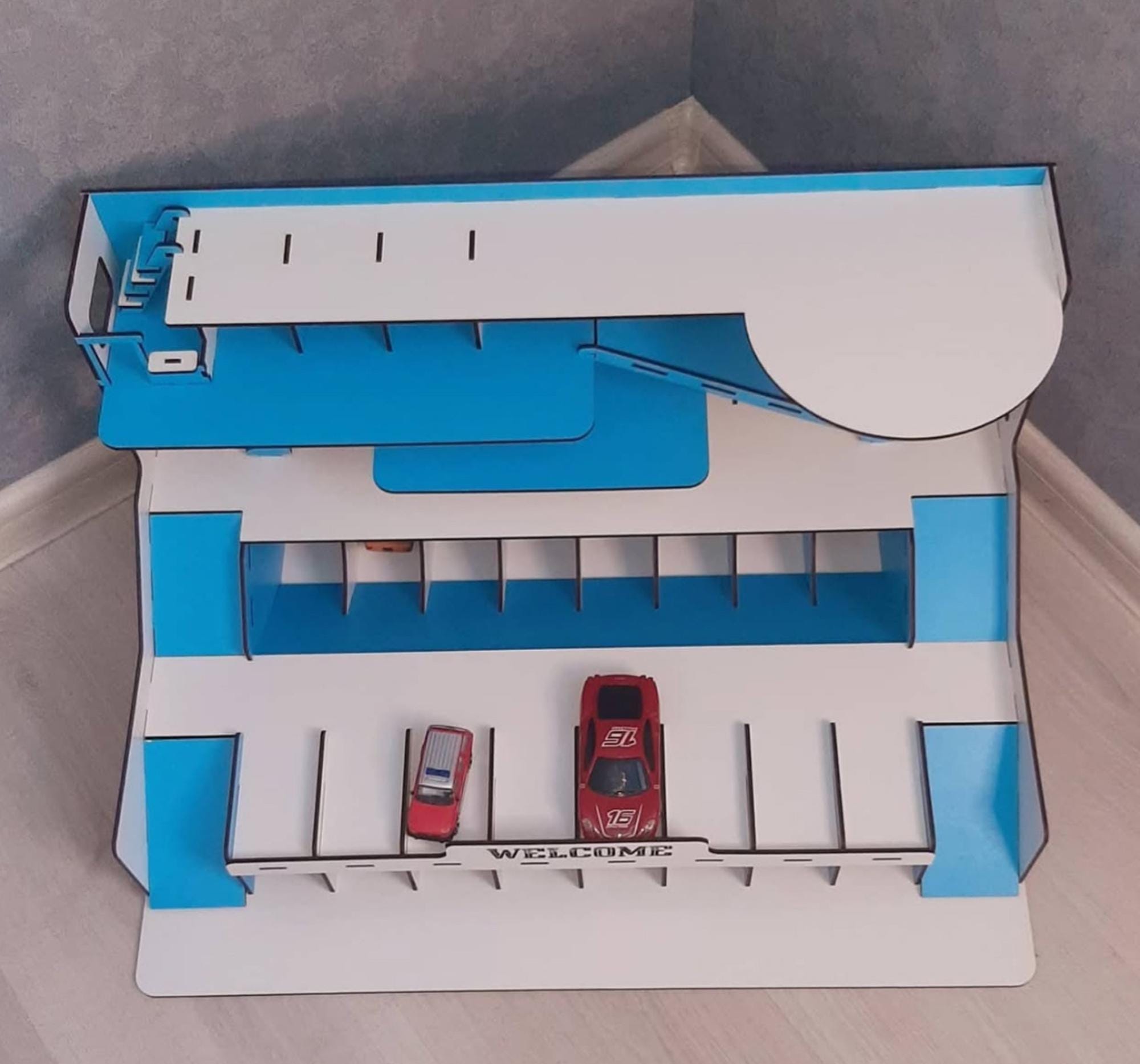 Wooden Toy Car Garage – Multi-level Parking With Ramp & Helipad ...