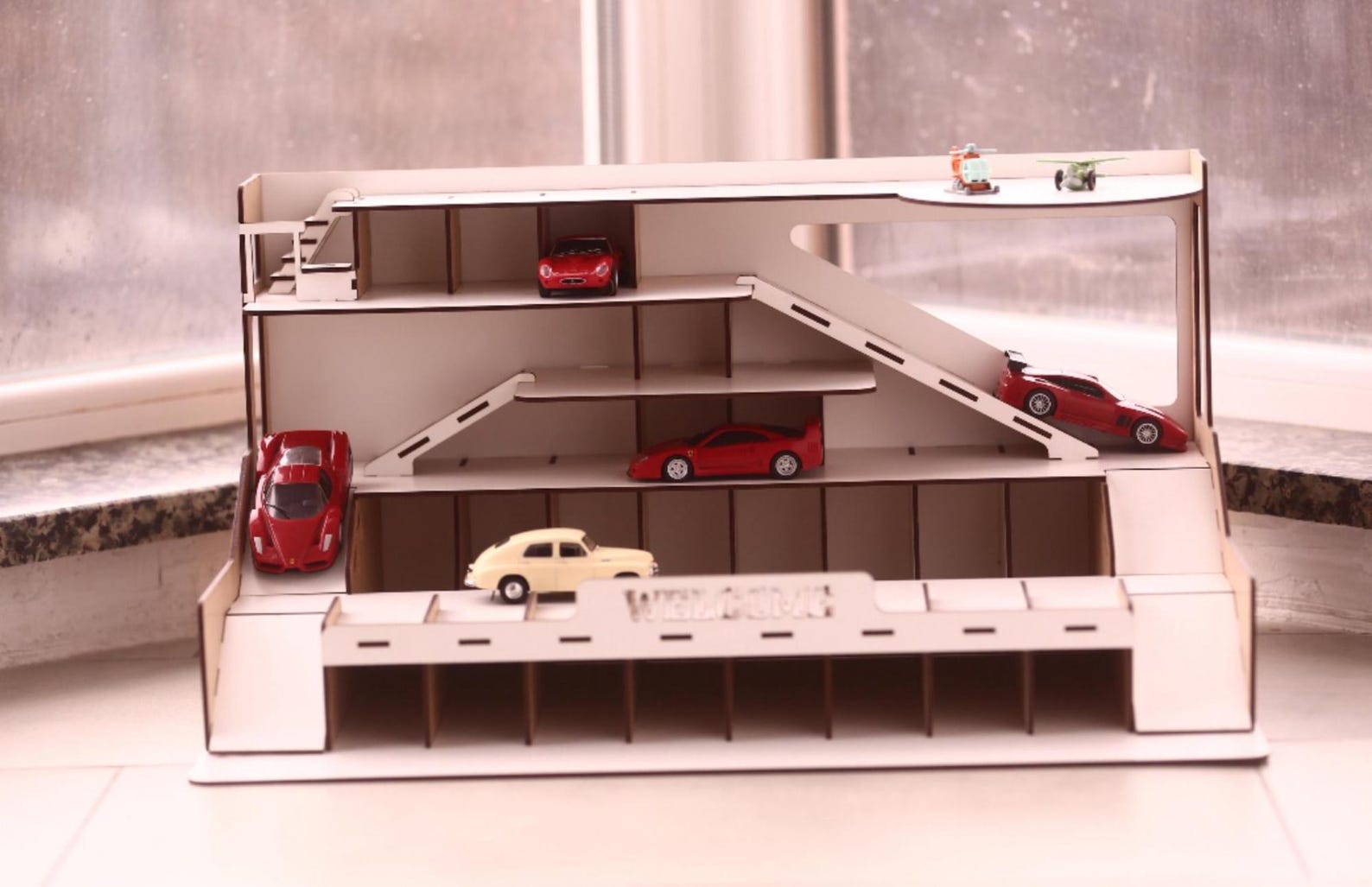 Wooden Toy Car Garage – Multi-level Parking With Ramp & Helipad ...