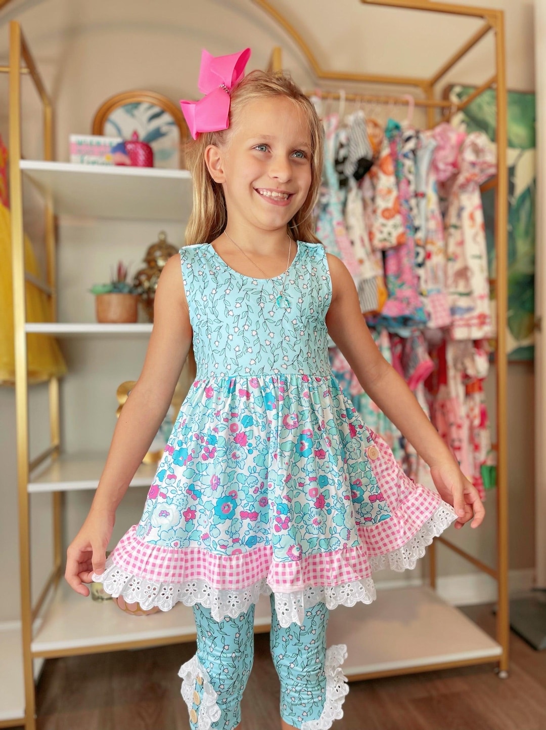 Girls Floral Capri Set: Boutique Summer Outfit With Matching Bow - Etsy