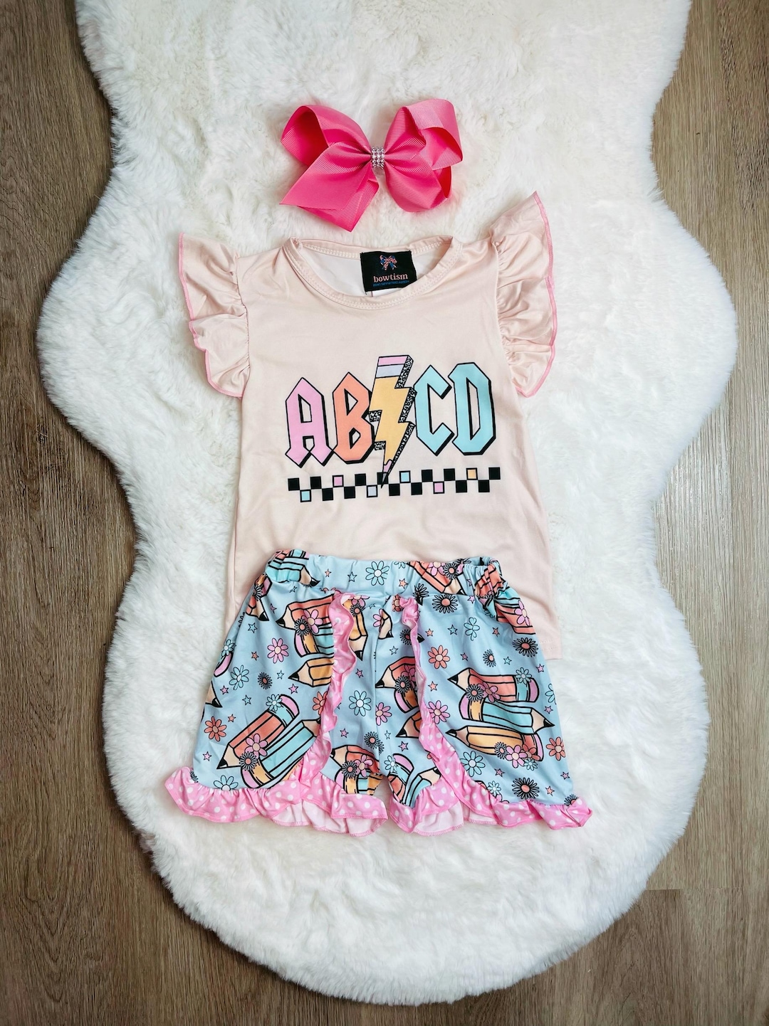 Girls' Back to School Outfit: ABC Shorts Set With Bow - Etsy