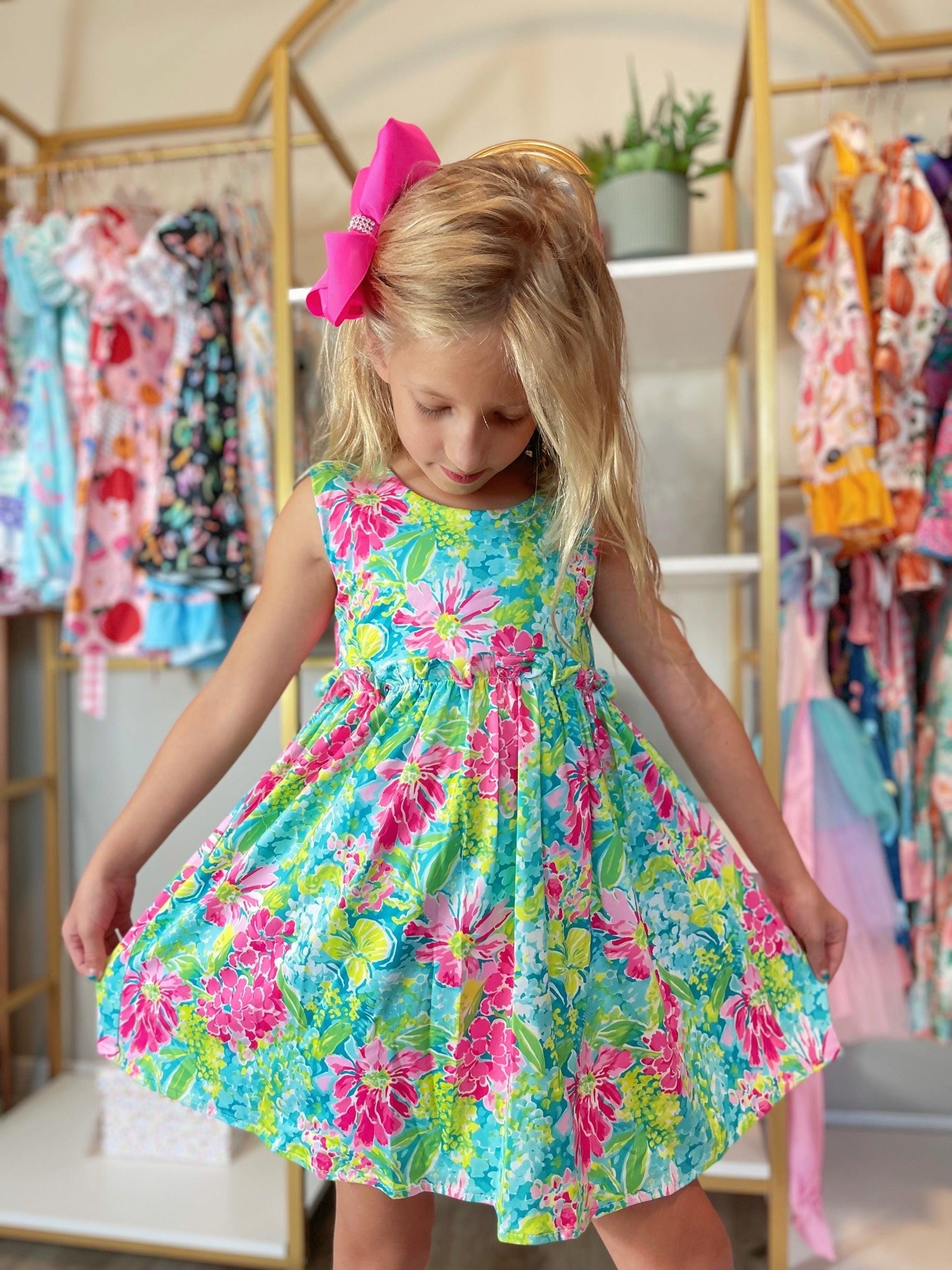 Girls Tropical Floral Dress: Pink Summer Twirl Dress With Bow - Etsy