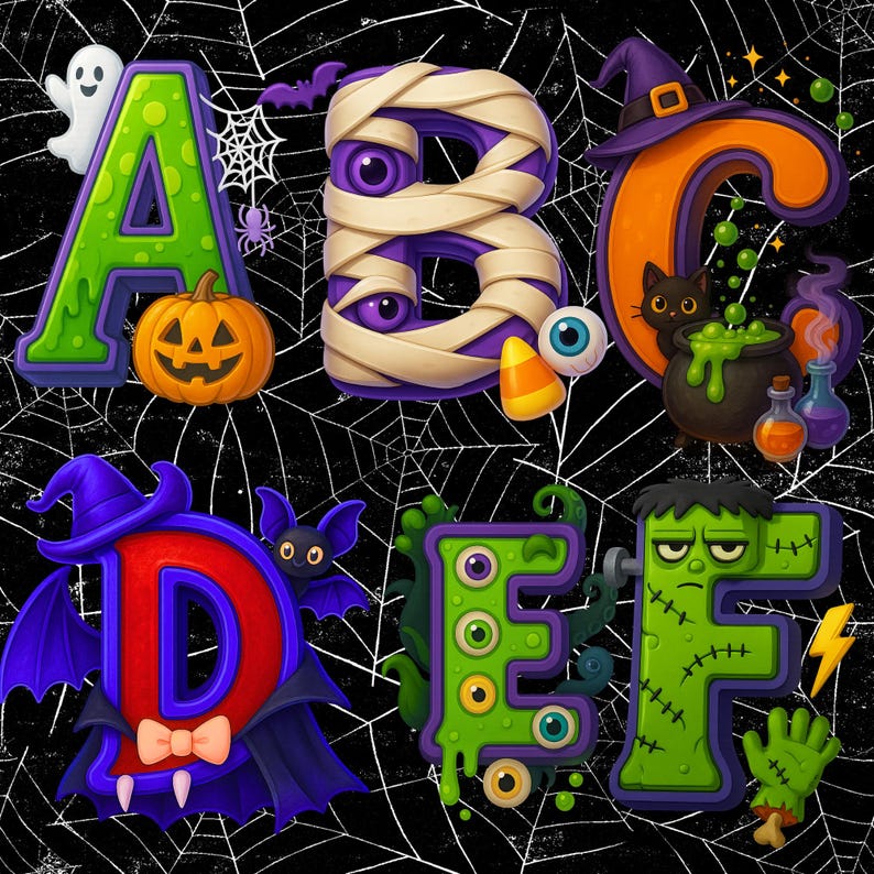 Halloween Alphabet Clipart PNG, A to Z Spooky Cute Letters,transparent ...