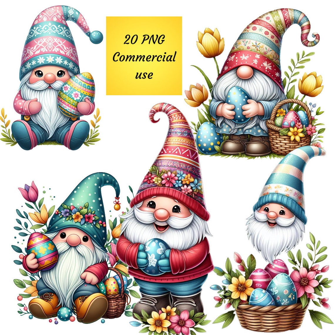Watercolor Easter Gnome Collection Clipart, 20 PNG Easter Clipart ...