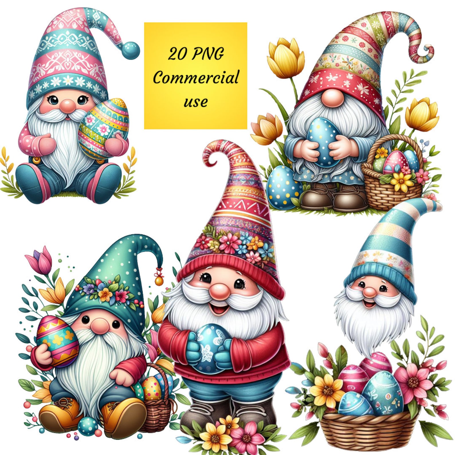Watercolor Easter Gnome Collection Clipart, 20 PNG Easter Clipart ...