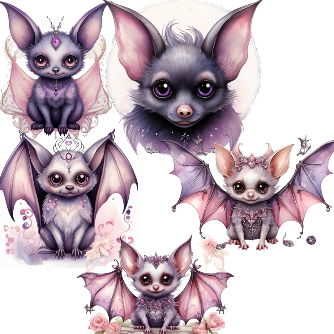 Watercolor Pastel Goth Bat Animals PNG Bundle, Kawaii Pastel Goth ...